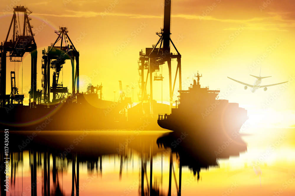 Container Cargo ship and Cargo plane with working crane bridge in ...