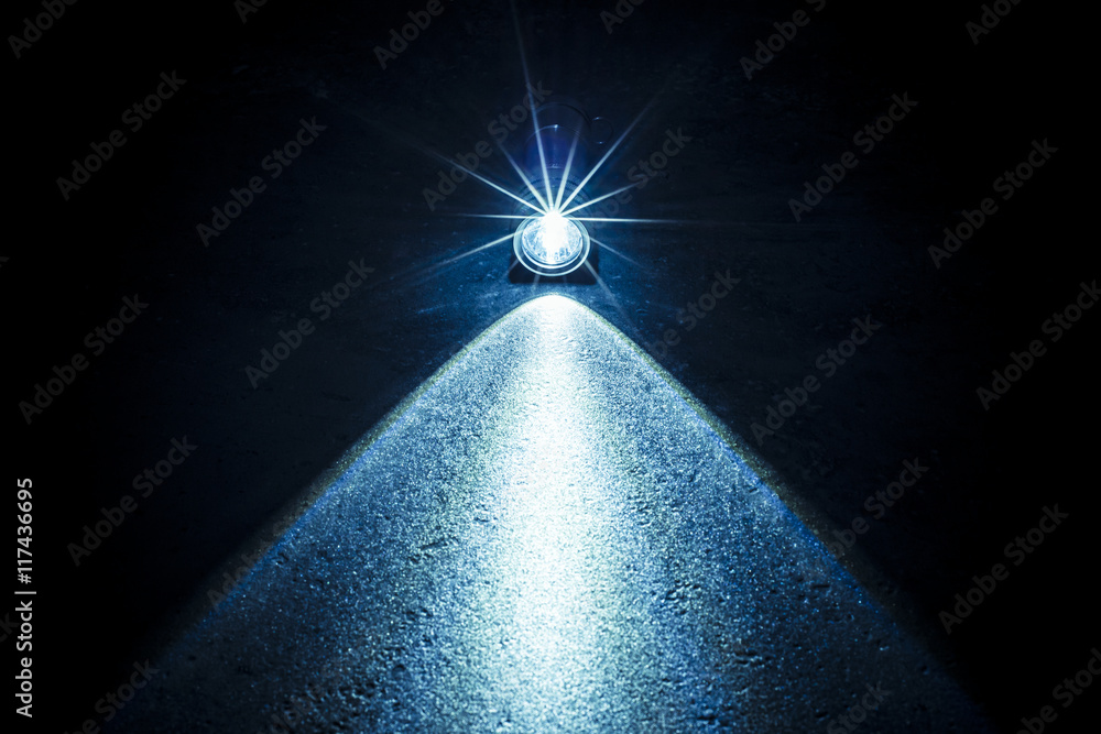 Flashlight and a beam of light in darkness. A modern led light with ...