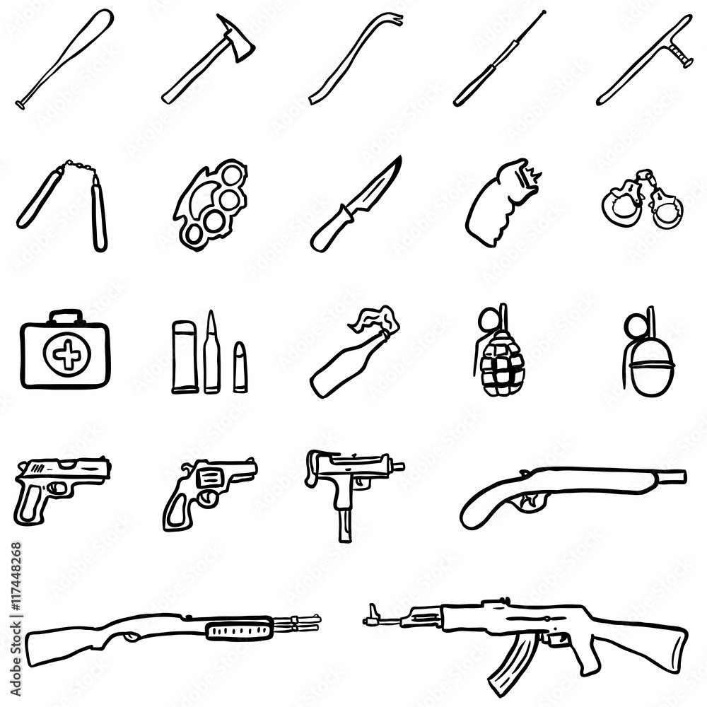 Vector Set of Black Doodle Weapon Icons Stock Vector | Adobe Stock