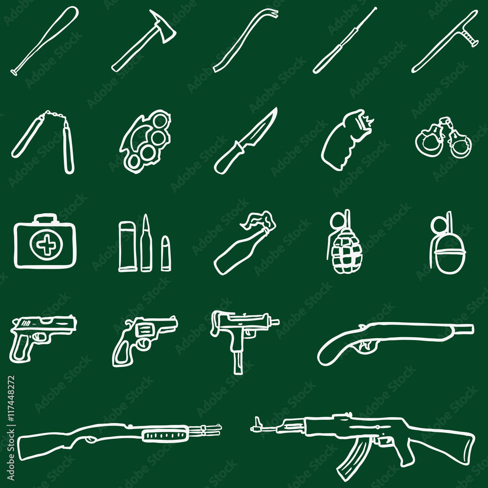 Vector Set of Chalk Doodle Weapon Icons Stock Vector | Adobe Stock