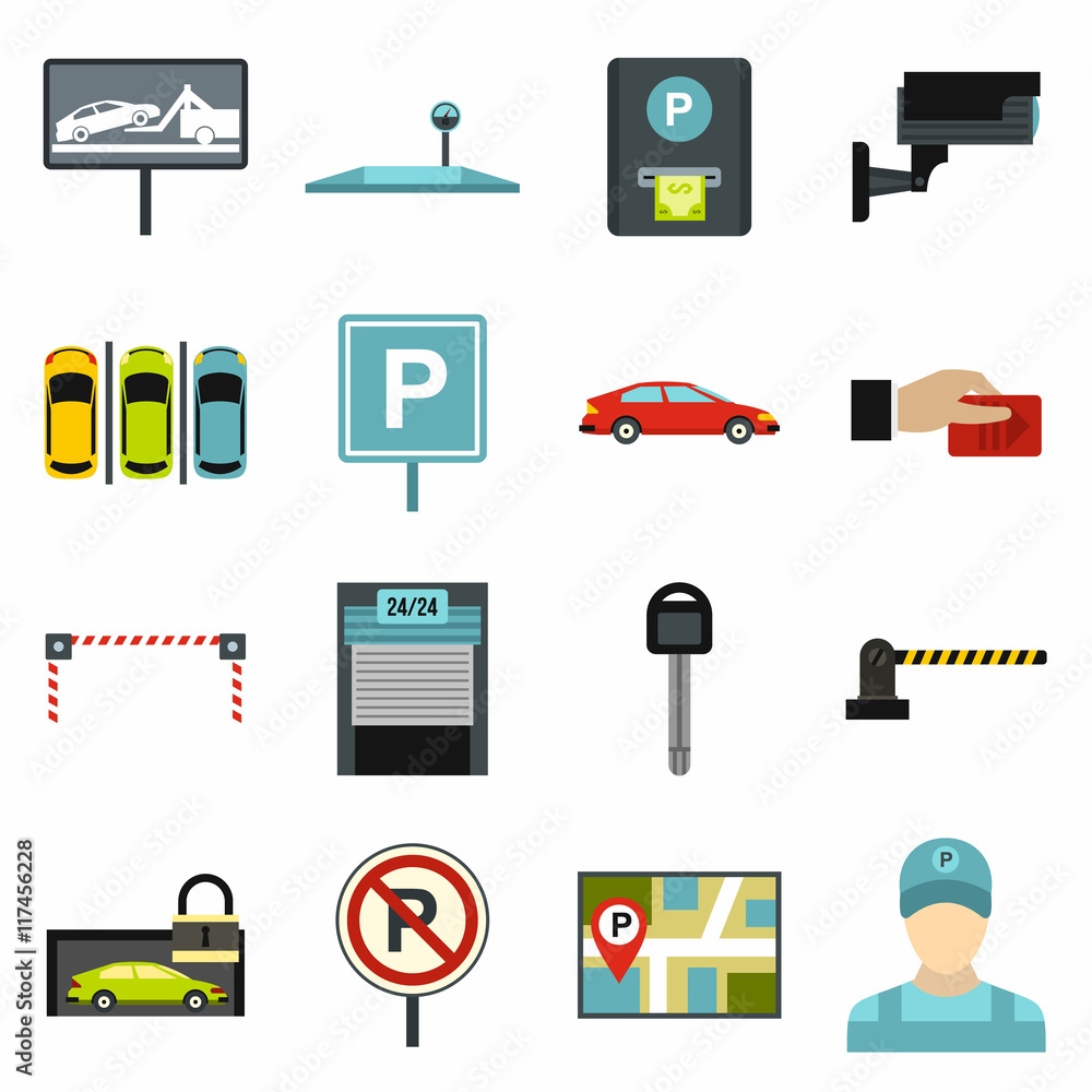 Flat car parking icons set. Universal car parking icons to use for web ...
