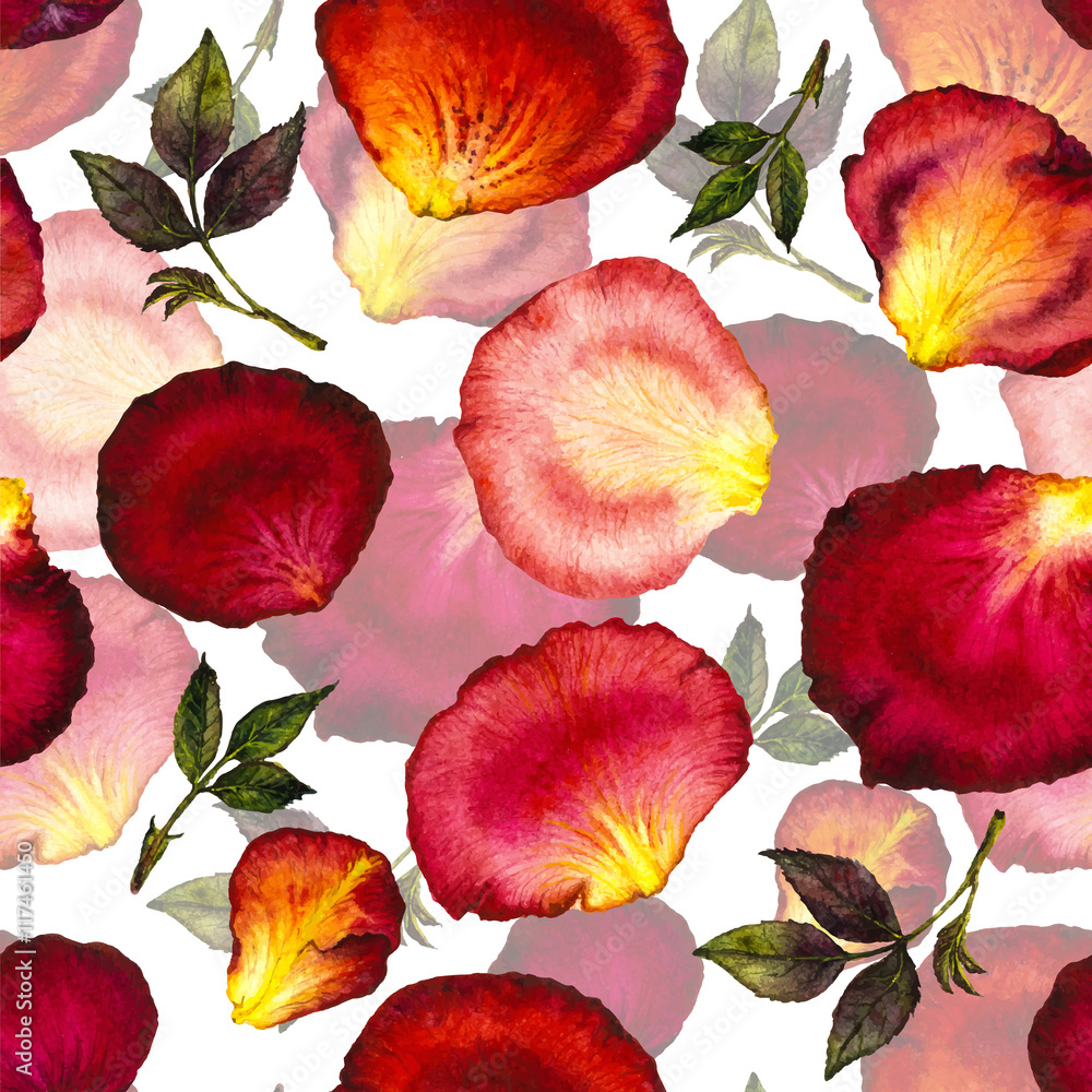 Watercolor seamless pattern from pink and red petals and leaves of ...