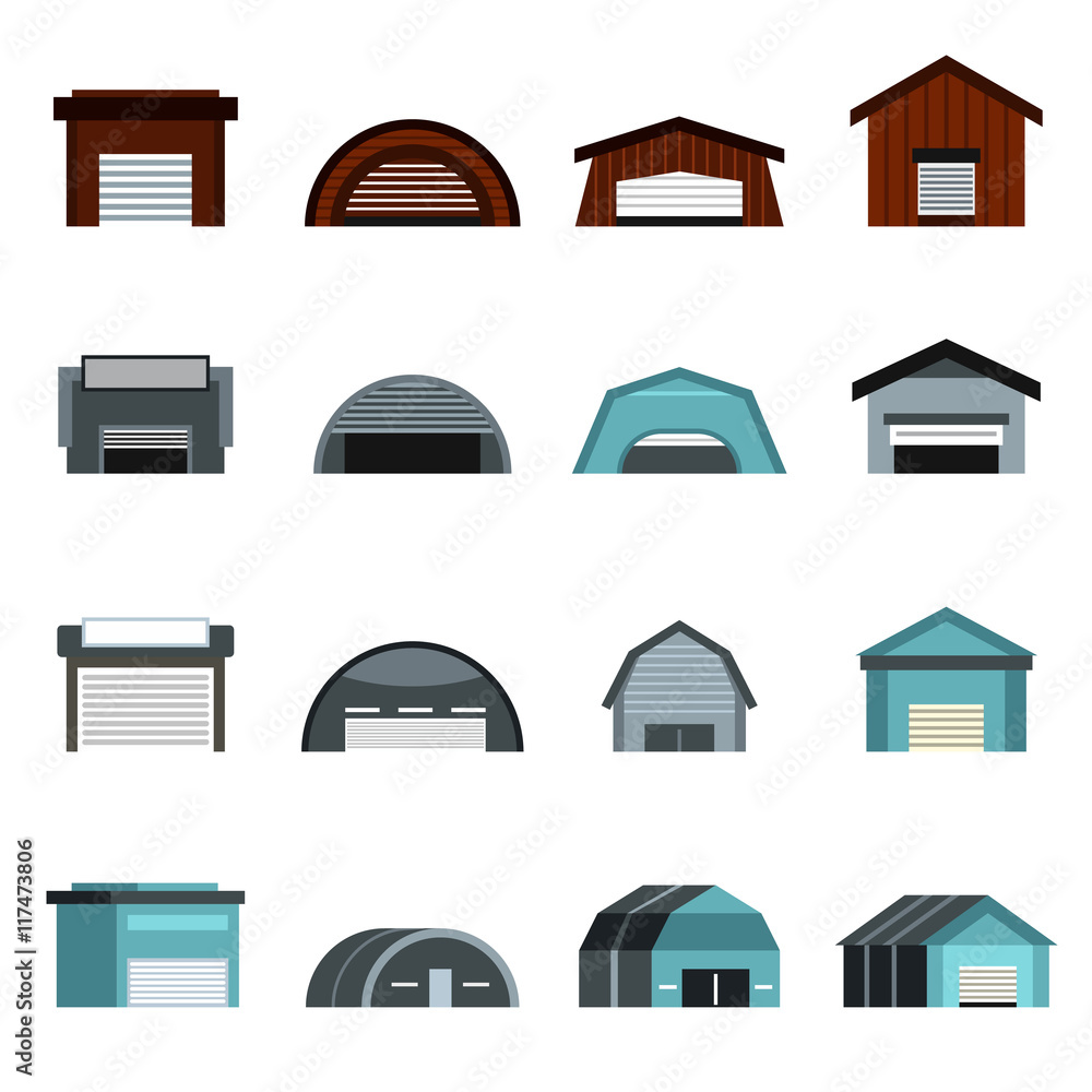 Flat hangar icons set. Universal hangar icons to use for web and mobile UI, set of basic hangar ...