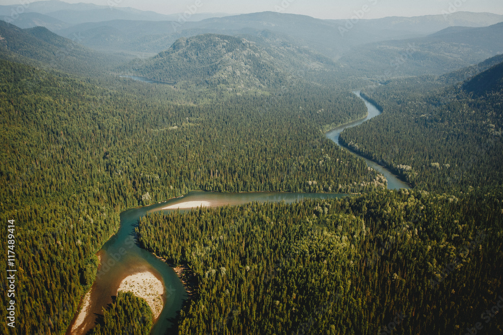 Top view of the taiga forest and river. The vast expanses of Eas Stock ...