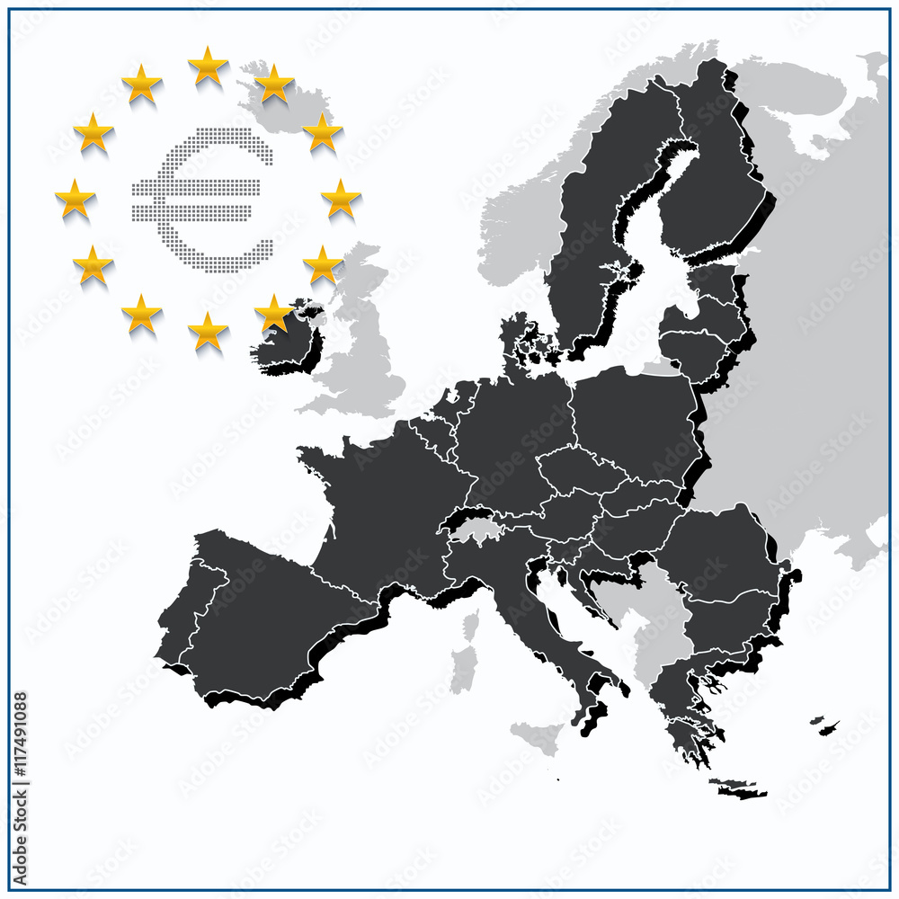 European Union map with euro symbol in halftone and United Kingdom ...