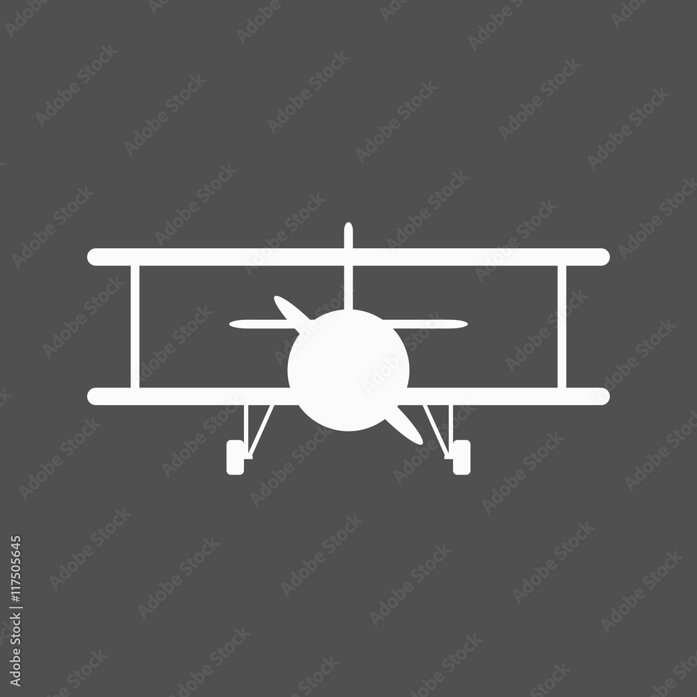 White biplane icon. The biplane is shown from the front. Isolated ...