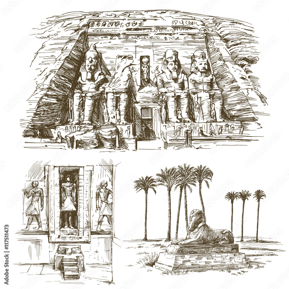 Egyptian monuments. Abu Simbel Temple of Rameses II. Hand drawn Stock ...