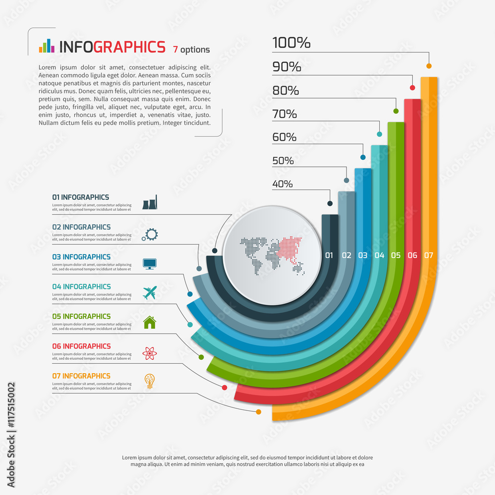 Circle infographic template with 7 options. Growing bar chart template ...