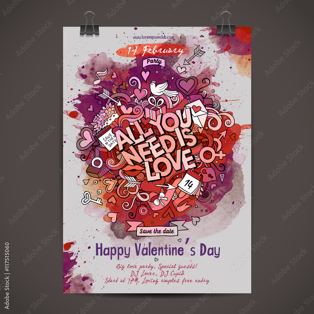 Cartoon vector hand drawn paint Love party poster Stock Vector | Adobe ...