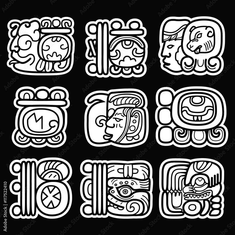Maya glyphs, writing system and languge vector design on black ...