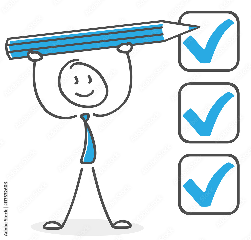 Vetor de Strichmännchen mit Bleistift beim abhaken der Checkliste. do ...