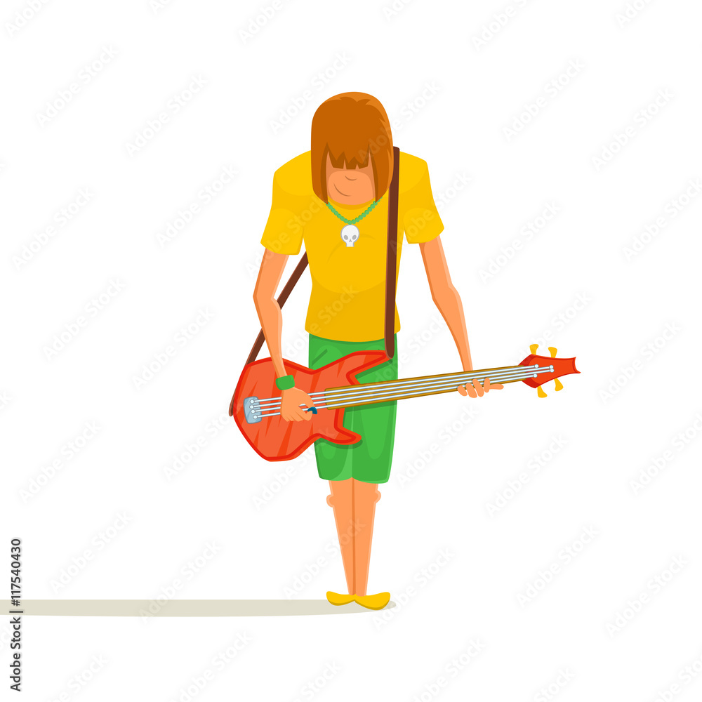 Cartoon bass guitar player. Teenage guitaristplaying on bass. Vector ...