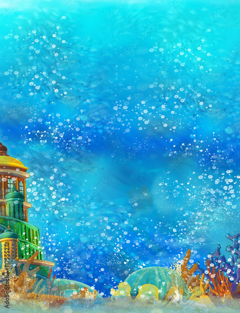 Cartoon underwater scene with castle - illustration for children Stock ...