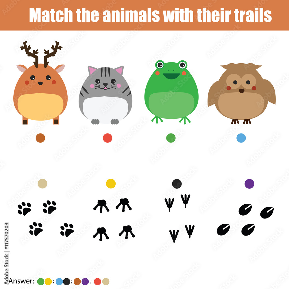 Matching children education game, kids activity. Match animals with ...