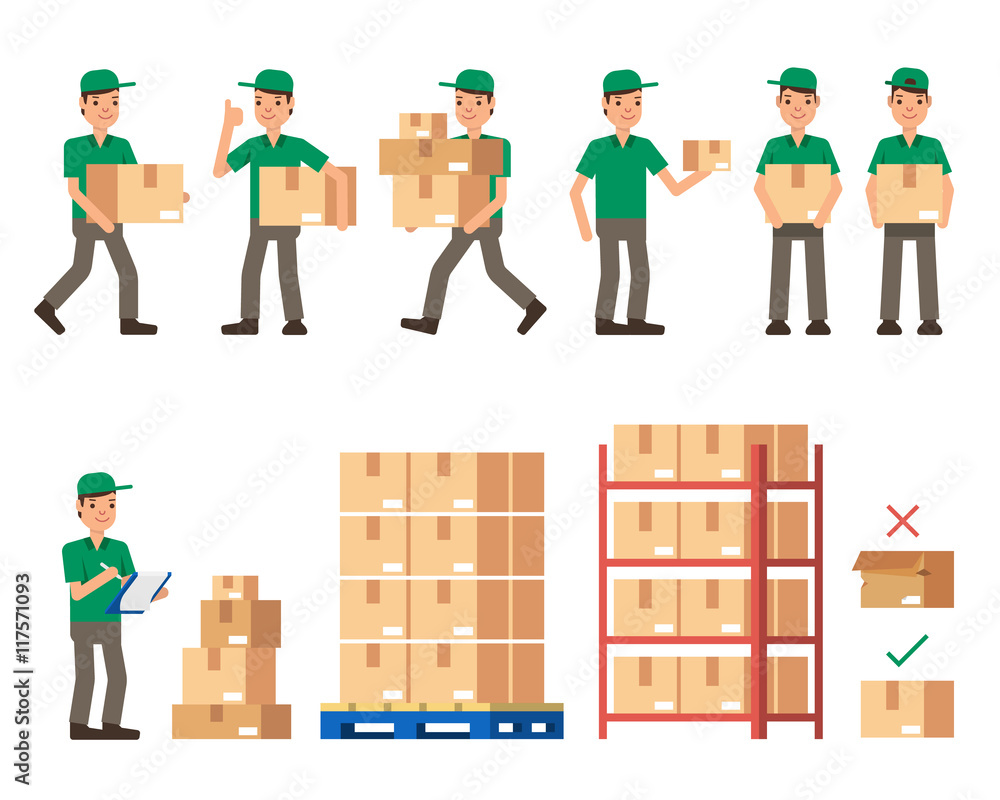 Warehouse Inventory and delivery workers Modern flat style vector ...
