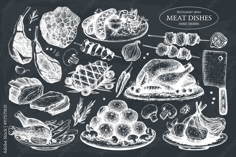 Vector collection of hand drawn meat illustration. Restaurant or ...