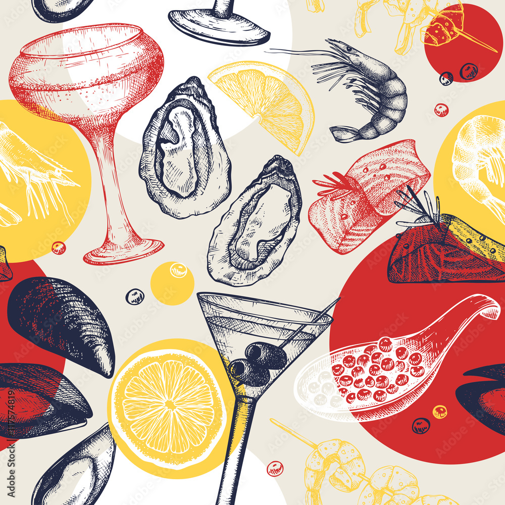 Vector seamless pattern with seafood and cocktails sketch. Abstract ...