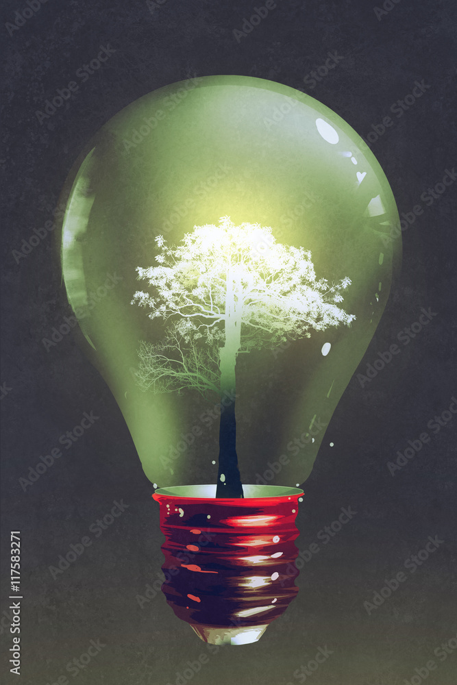light bulb with the light tree growing inside on dark background ...