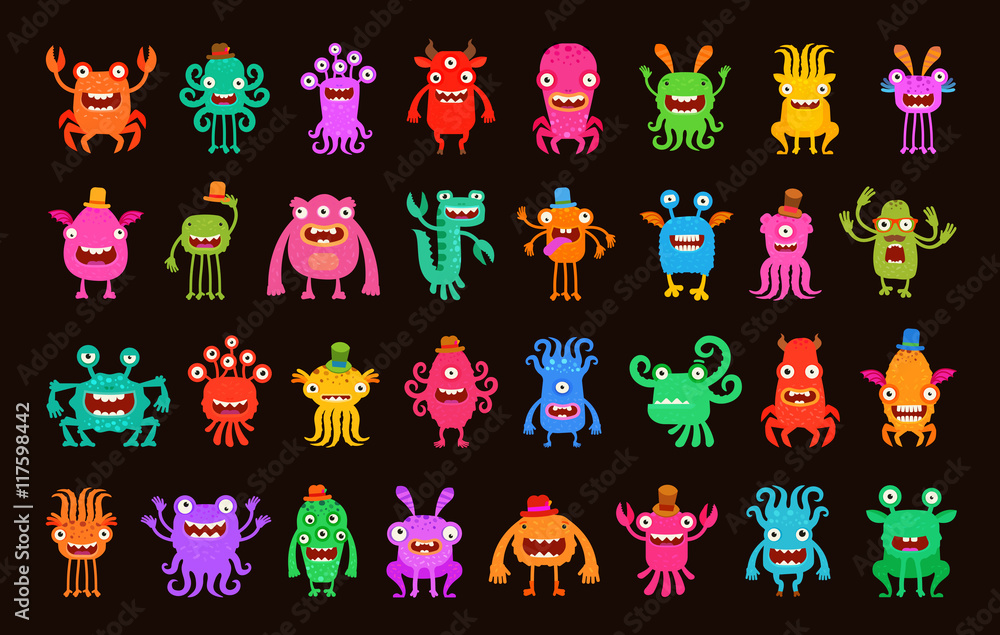 Big Collection Of Cartoon Funny Monsters Vector Illustration Stock
