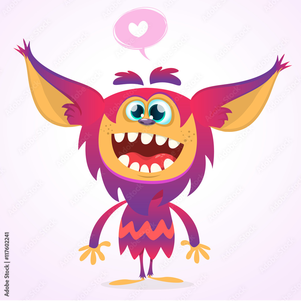 Happy cartoon gremlin monster in love. Halloween vector goblin or troll ...