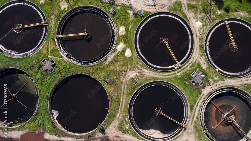 Top view at the round clarifiers used for removing solid particulates ...