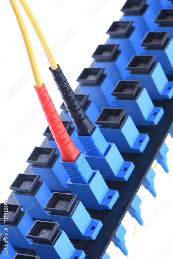 Fiber optical network cable with optical distribution frame isolated on ...