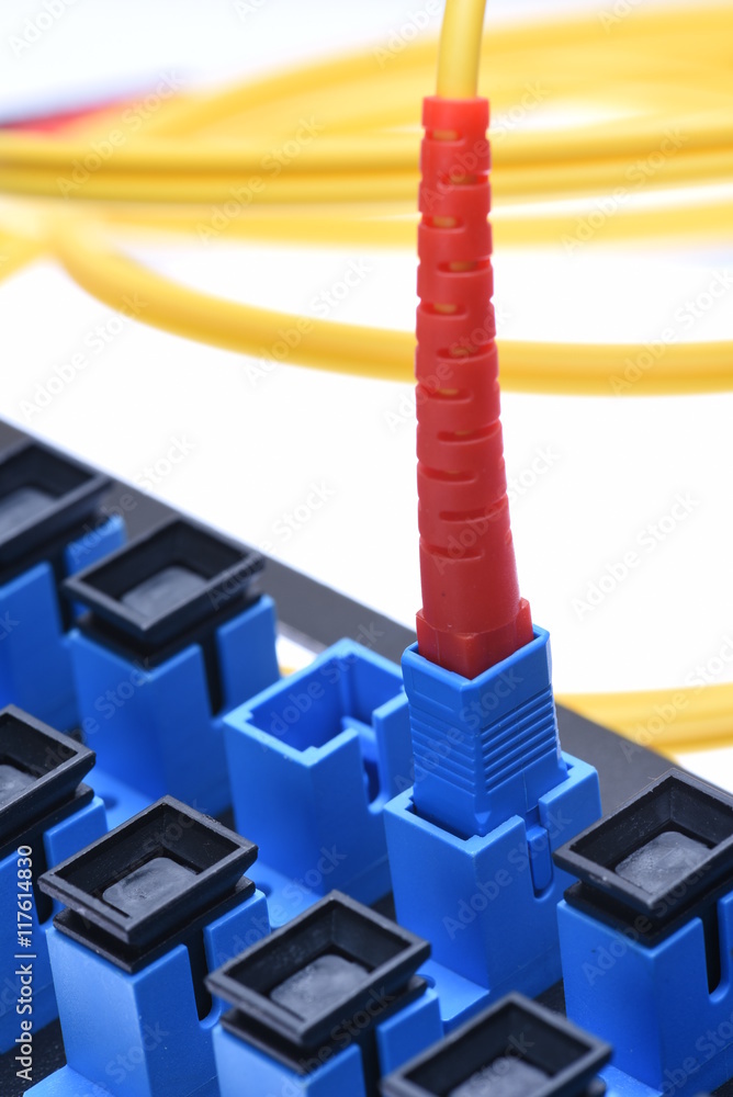 Fiber optical network cable with optical distribution frame isolated on ...