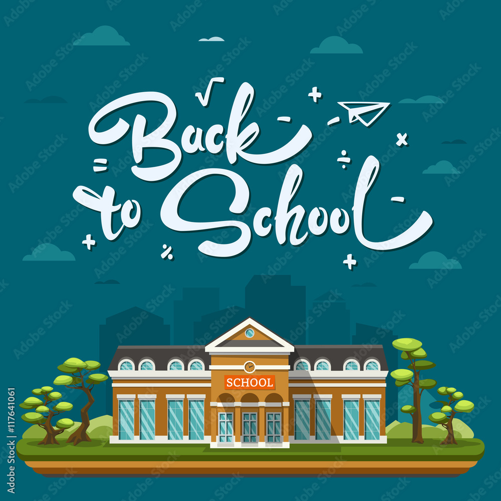 Modern school building on landscape. Concept with lettering or ...