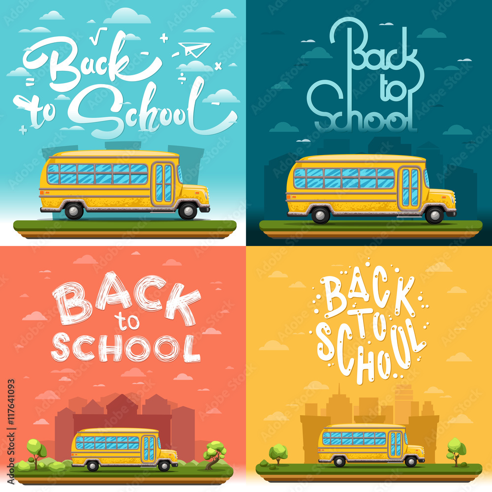 School bus on landscape. Four banners with lettering or calligraphy ...