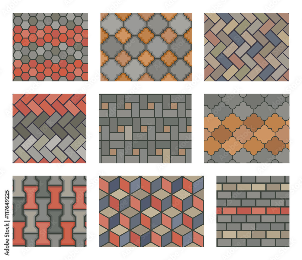 Seamless stone tiles pavement vector set. landscape design elements ...