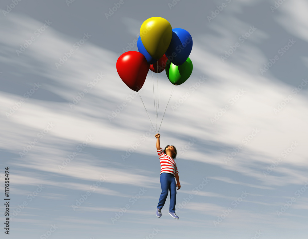 Niño volando con globos Stock Illustration | Adobe Stock