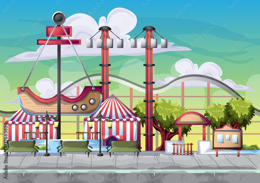 Cartoon vector amusement park with separated layers for game and ...