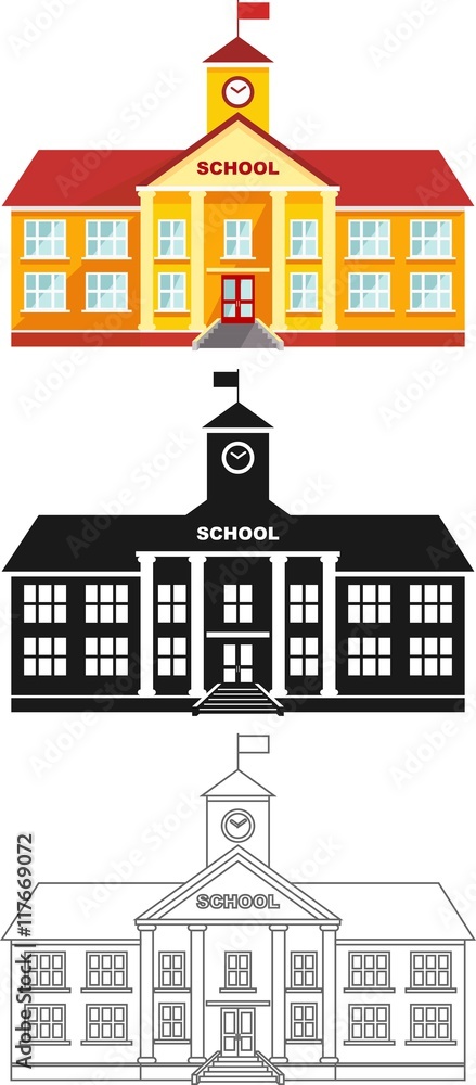 Different kind school building isolated on white background in flat ...