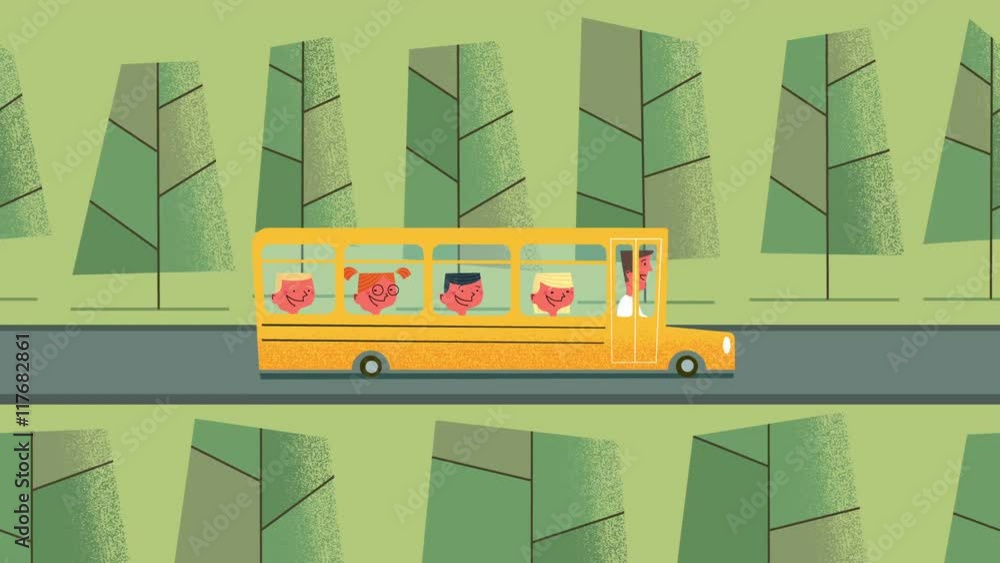 Smiling happy kids riding on school bus. Outdoor scene. Looped ...