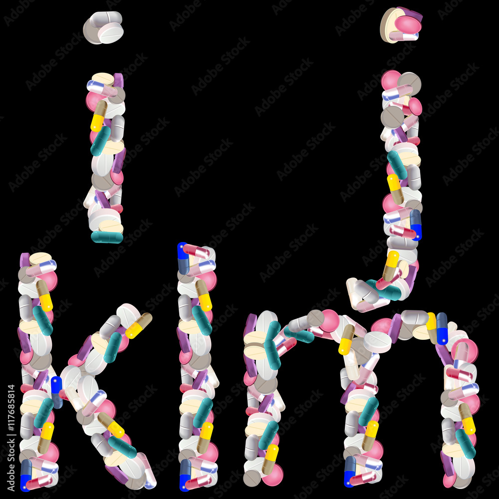 over black background medication colored alphabet letters from tablets ...