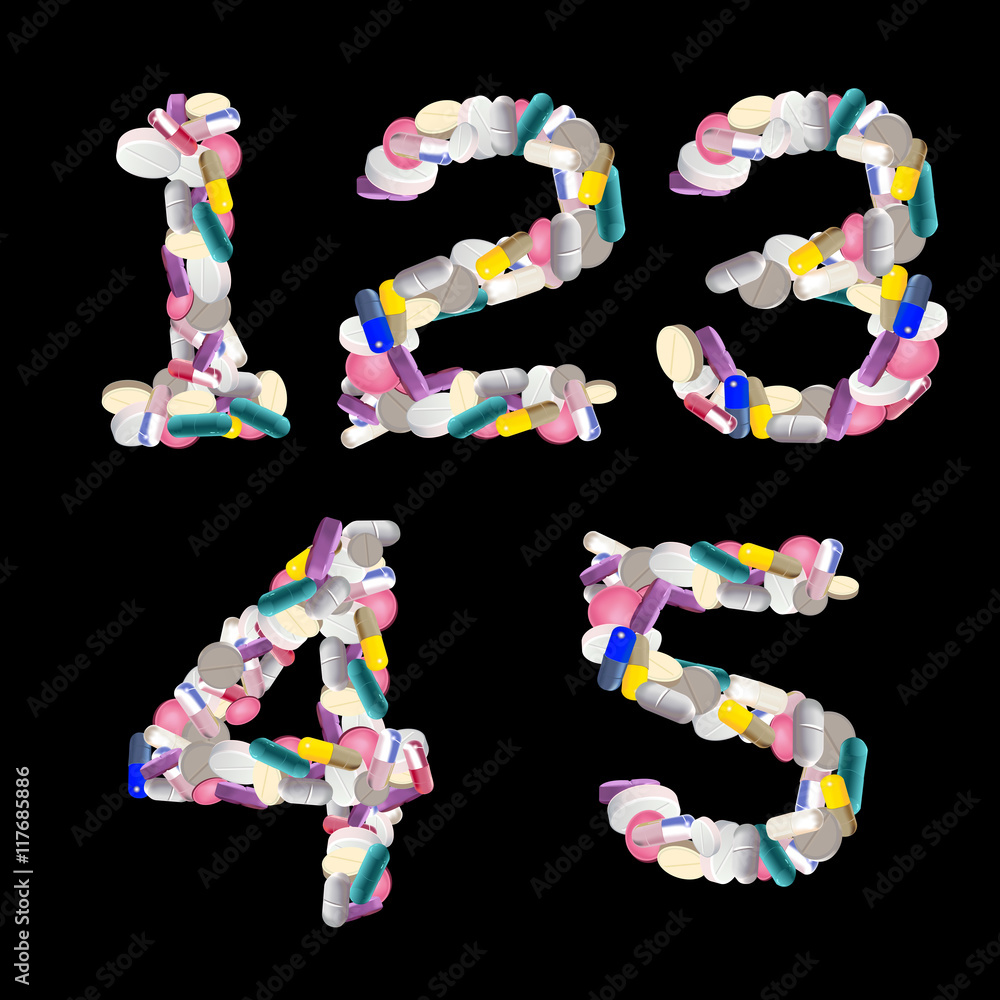 on a black background color alphabet numbers of tablets and pills Stock ...