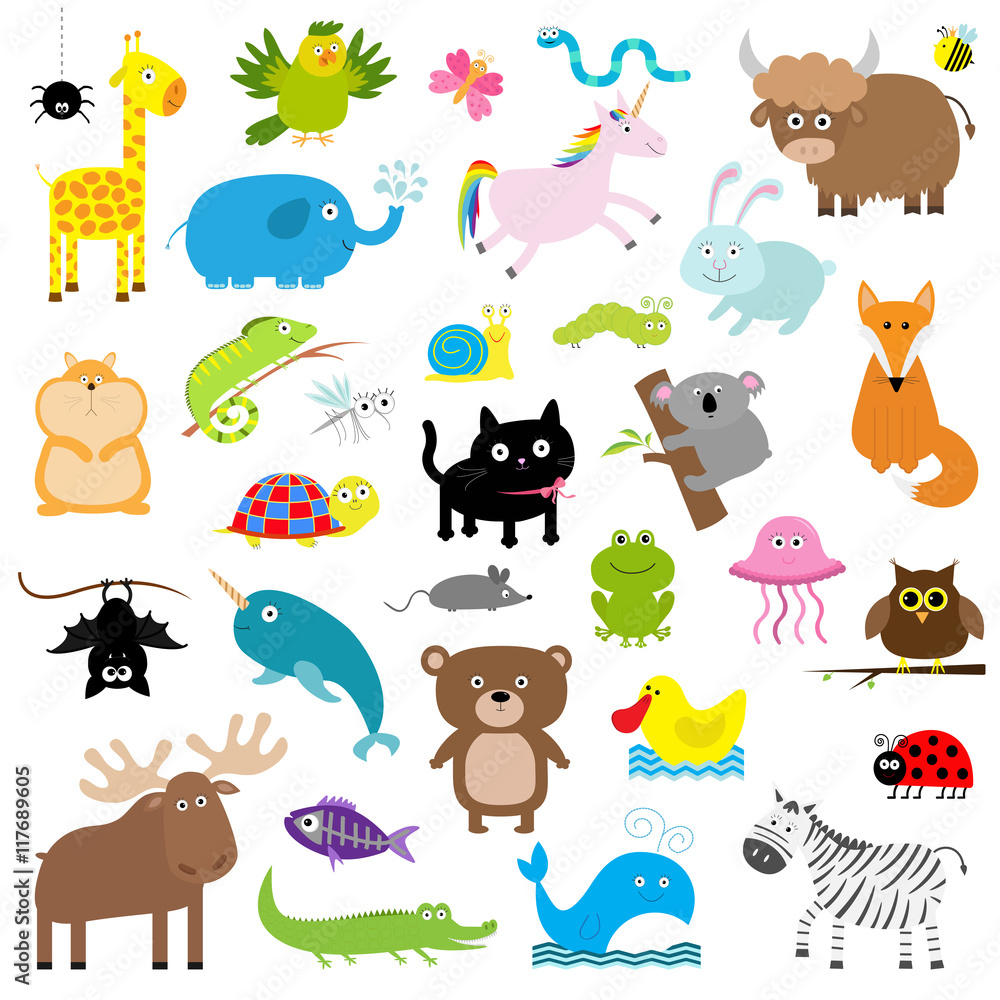 Zoo animal set. Cute cartoon character collection. Isolated. White ...