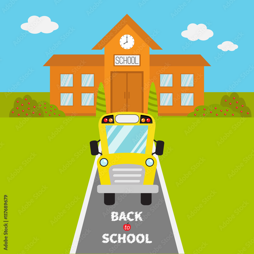 School building with clock and windows. City construction. Yellow ...