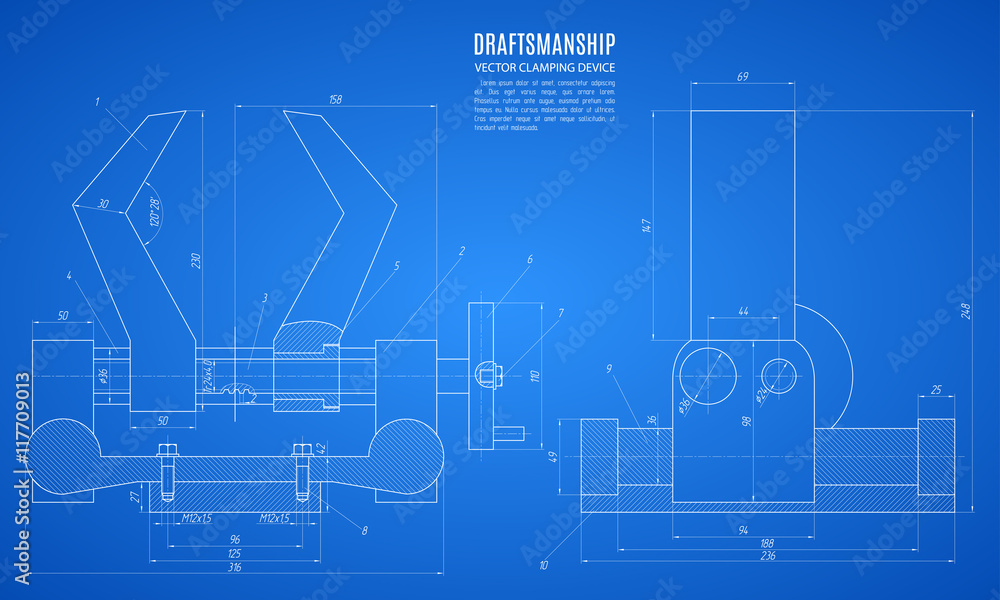 blueprint of the clamping device, technical drawing, construction plan ...
