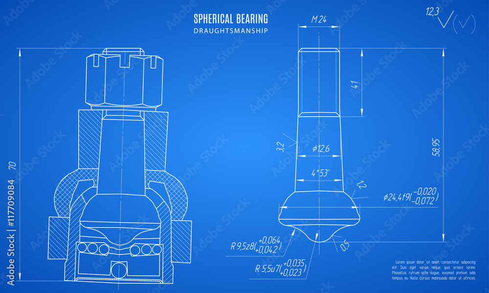 blueprint of spherical bearing, project technical drawing on the blue ...