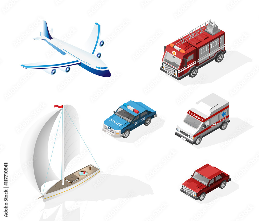 Isometric Police Car , Fire Truck , Ambulance , Airplane , Boat and Car ...