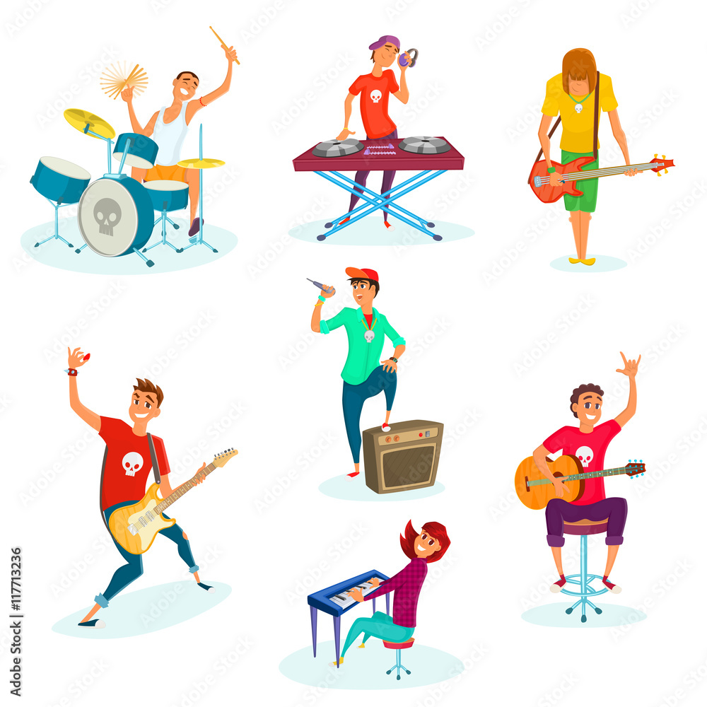 Cartoon rock teenage band set. Isolated on white. Young musicians ...