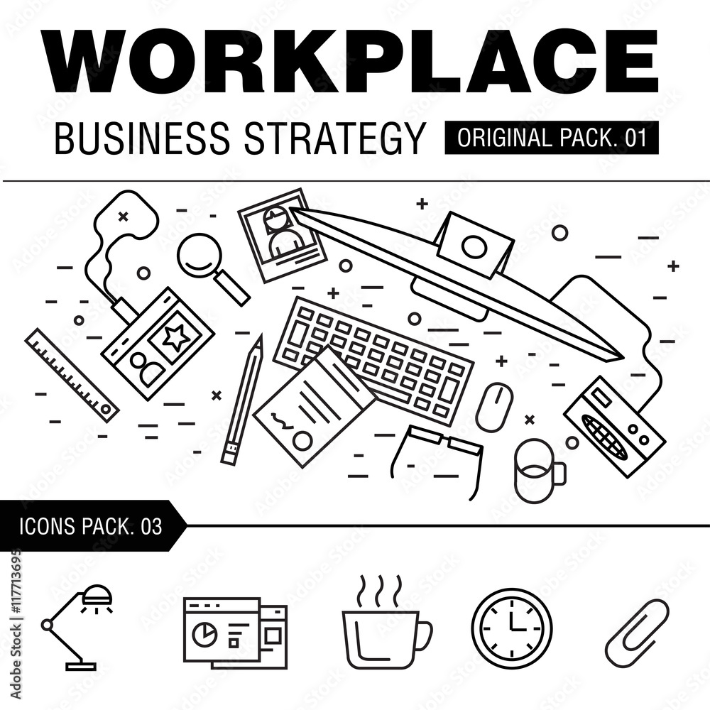 Modern workplace business strategy. Thin line icons set of office space ...