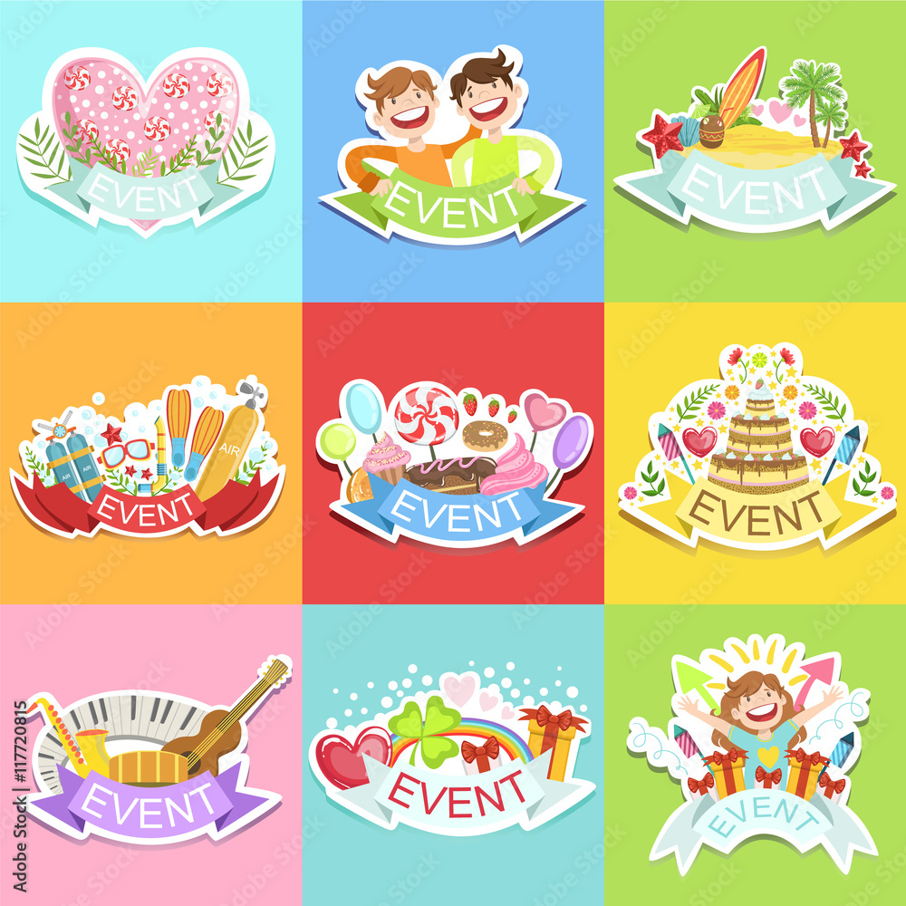 Event Template Labels Set Of Cute Stickers Stock-Vektorgrafik | Adobe Stock