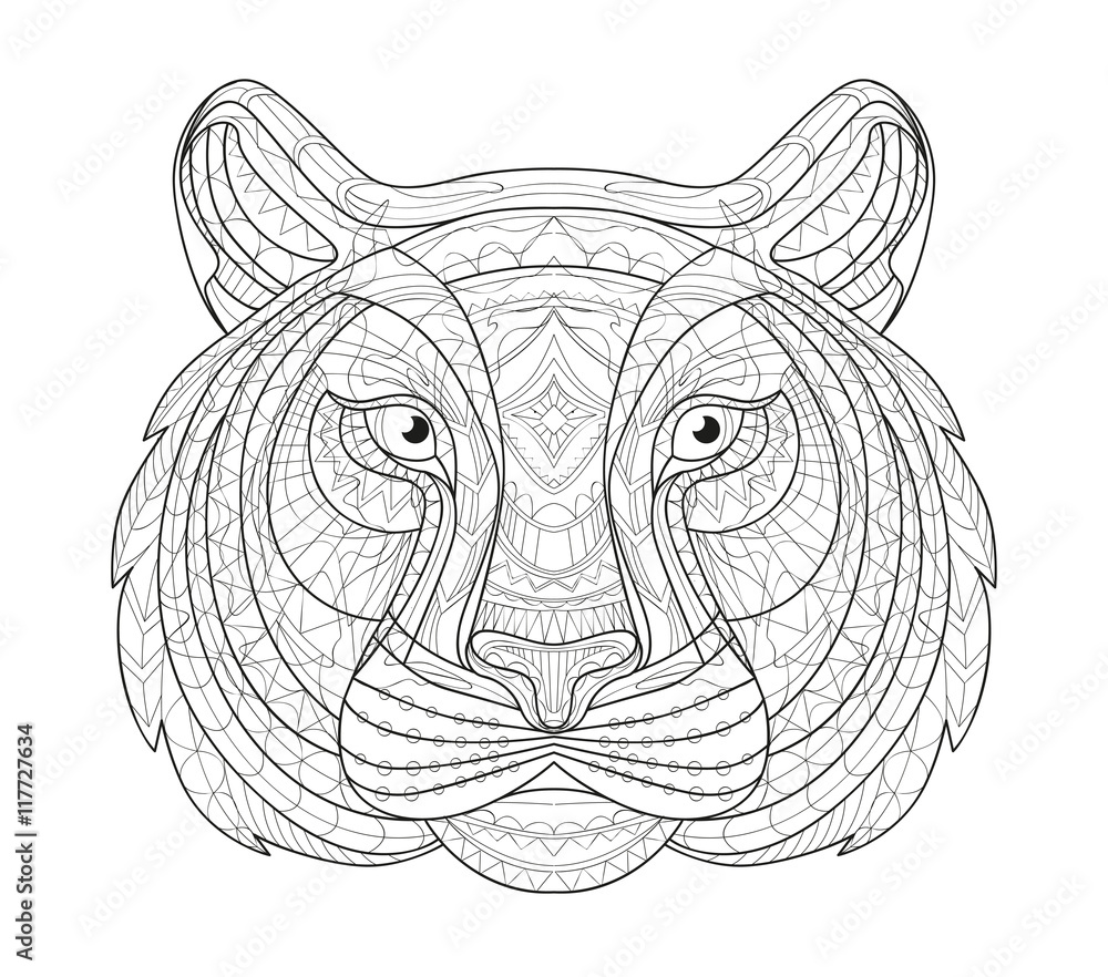Vetor de Hand drawn doodle outline tiger illustration. Decorative in ...