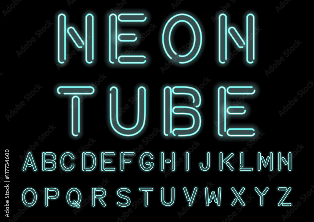 Glowing Cyan Neon Alphabet isolated and transparent. Custom handcrafted ...