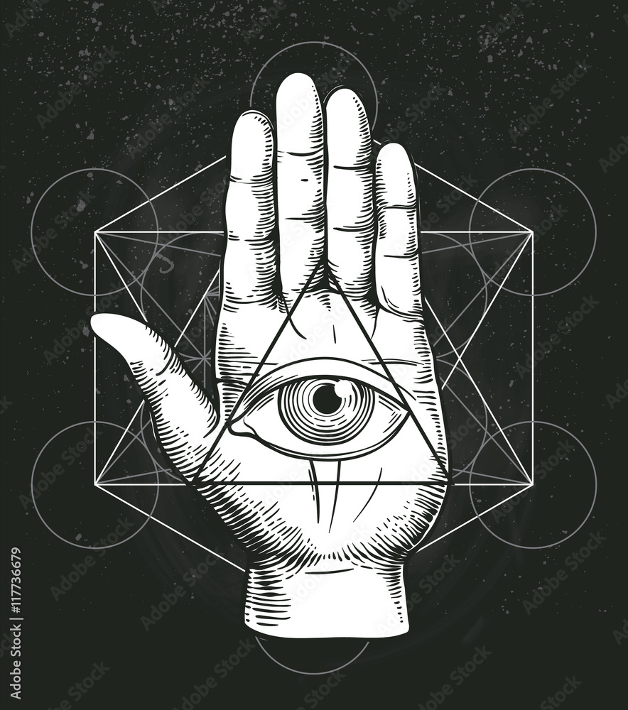 Hipster illustration with sacred geometry, hand, and all seeing eye ...