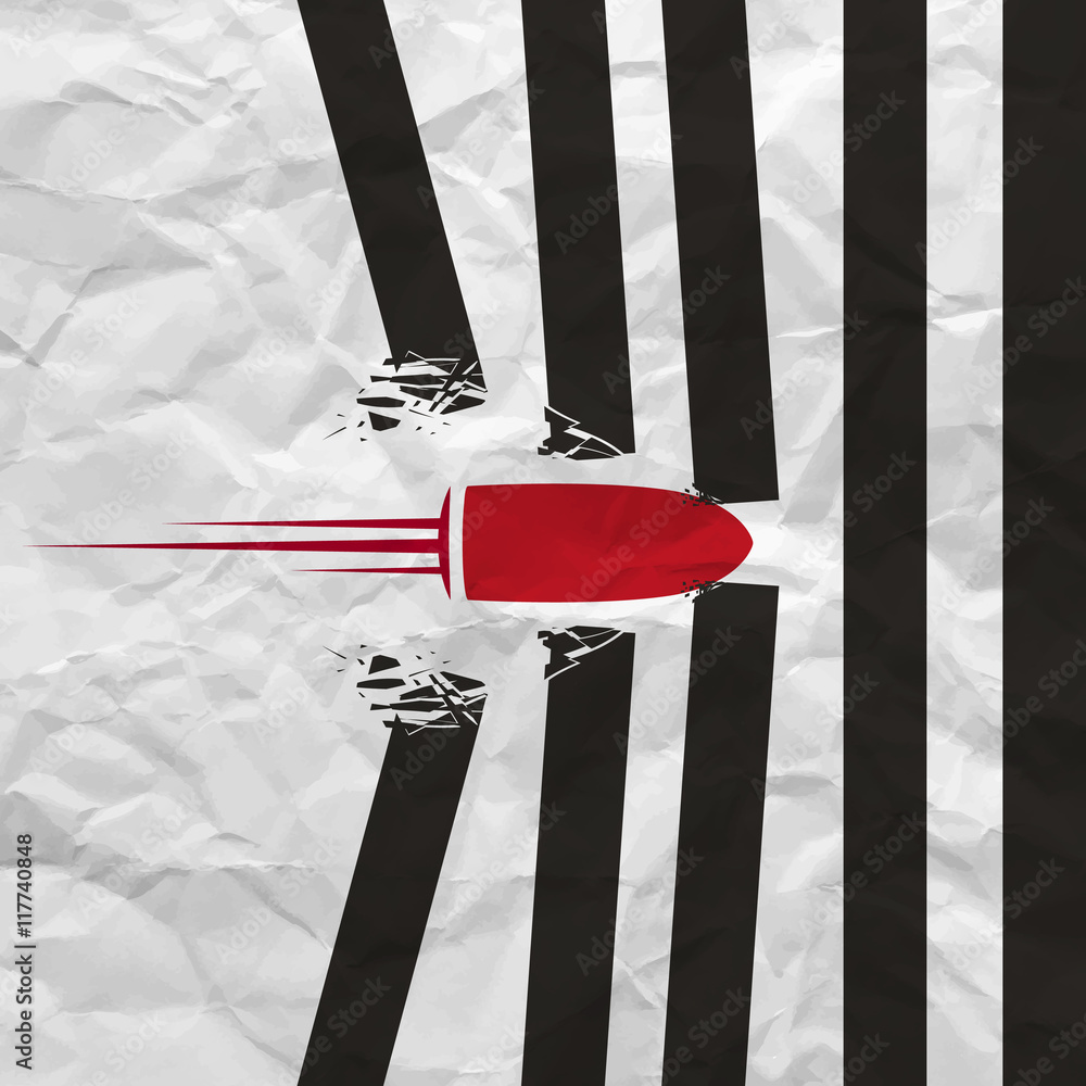 Red bullet shot smashed the walls on white background with creased ...
