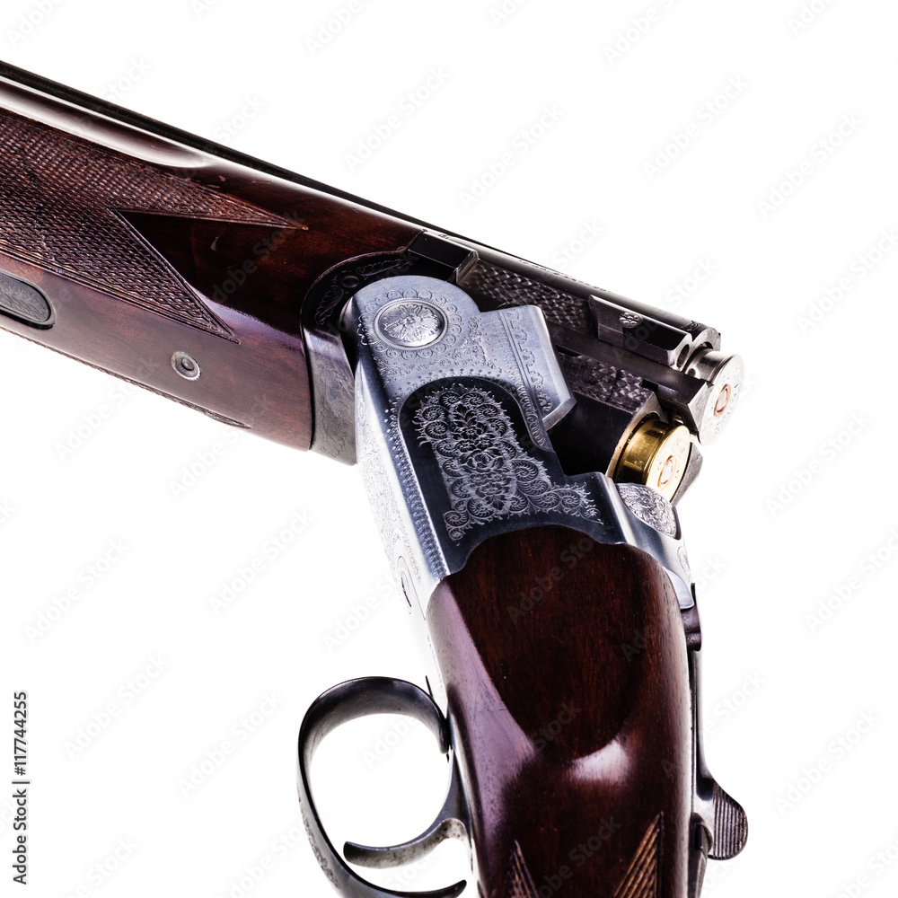 Loaded shotgun breech on white Stock Photo | Adobe Stock