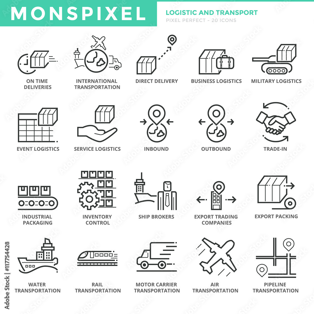 Flat thin line Icons set of Logistic and Transport. Pixel Perfect Icons ...